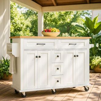 Urban Meuble Tables dext&eacute;rieur - &Icirc;lot Mobile Blanc et Bois Naturel avec Plateau Extensible, Rangement Int&eacute;gr&eacute; et Roulettes Silencieuses - Urban Meuble