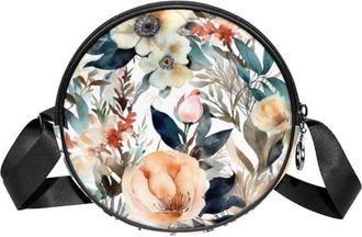 Generic Petit sac &agrave; bandouli&egrave;re circulaire pour femme, motif feuilles florales, sac &agrave; dos avec fermeture &eacute;clair, bretelles r&eacute;glables, sac &agrave; main rond d&eacute;contra
