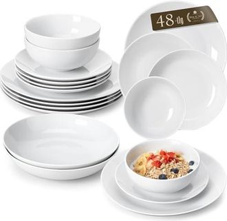 Malacasa S&eacute;rie AMELIA Service de Table Blanche en Porcelaine pour 12 Personnes avec Assiettes Plates, Bols &agrave; C&eacute;r&eacute;ales, 48 Pi&egrave;ces Service de Vaisselle Rond