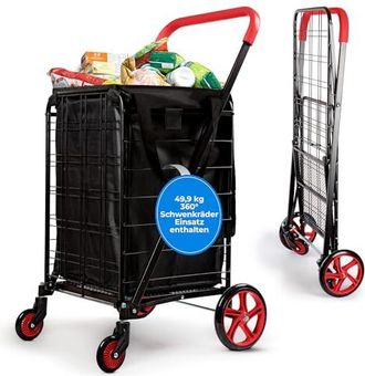 SereneLife Einkaufswagen, Einkaufstrolley Klappbar, Shopping Cart mit 50L Kapazität, Einkaufstrolley Treppensteiger aus Metall mit 360° Schwenkbare Räder & Abneh