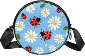 Generic Sac &agrave; bandouli&egrave;re rond pour femme, motif coccinelles, fleurs, petit sac &agrave; bandouli&egrave;re avec fermeture &eacute;clair, bretelles r&eacute;glables, sac &agrave; main rond d&eacute;co