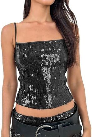 Generic Haut court sans manches &agrave; paillettes pour femme avec bretelles spaghetti, Noir, L