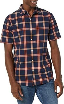 Amazon Essentials Chemise en Popeline Extensible à Manches Courtes (Grandes Tailles Disponibles) Homme, Bleu Marine Rouge Écossais, XXL