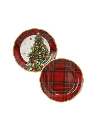 Brandani Brandani 89907 Set mit 2 Desserttellern aus Porzellan - elegantes Tartan und Weihnachtsmotiv - Ø 19 cm