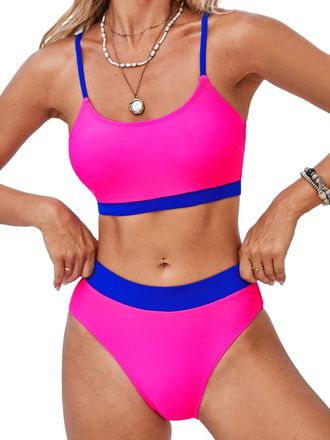 Cupshe Damen Bikini Set U Ausschnitt High Waist Sport Tank Bikini Bademode Farbblock Kontrastfarbe Zweiteiliger Badeanzug Swimsuit Blau/Magenta XL