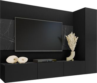 Mirjan24 Wohnwand Deromi VI, Anbauwand mit Wandpaneele und TV-Lowboard, Akustikplatten, Fernsehschrank, Schrankwand, Mediawand, Hängeschrank (Schwarz + Schwarz