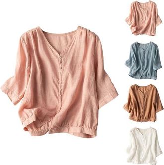 Generic Chemisier long pour femme - T-shirt d&eacute;t&eacute; en lin - Manches longues - Col en V - T-shirt a&eacute;r&eacute; - L&eacute;ger - Boutonni&egrave;re - Chemisier en mousseline - &Eacute;l&eacute;gant 