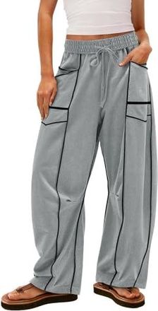 Generic Pantalon de jogging &agrave; jambes droites avec cordon de serrage pour femme - Pantalon ample en coton doux - Motif &agrave; rayures - Patchwork - Pantalon de surv