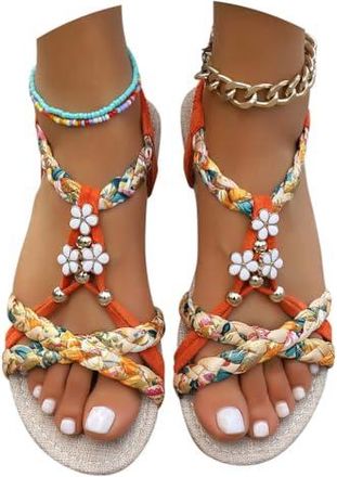 Minetom Femme Sandales Plates &Eacute;t&eacute; Boho Confortables Bout Ouvert Tongs de Plage Chaussures D&eacute;contract&eacute;es A Orange 38 EU