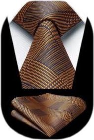 Hisdern Cravate Homme Marron Mariage &Eacute;l&eacute;gant Cravates et Pochette Plaid Classique Ensemble de Cravate Mouchoir daffaires F&ecirc;te