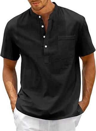 Generic Chemise en lin pour homme &agrave; manches courtes - Chemise d&eacute;t&eacute; en coton - Chemise de travail respirante avec boutonni&egrave;re - Chemise sur pied - Chemise surd