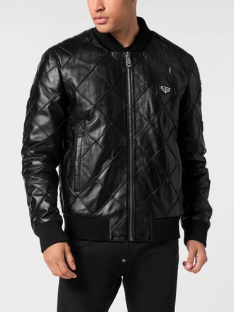 Philipp Plein Gesteppte Leder-Bomberjacke mit Rei&szlig;verschluss und appliziertem Logo