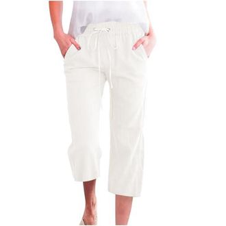 Generic Pantalon capri en lin pour femme - Style d&eacute;contract&eacute; - Avec cordon de serrage - Taille &eacute;lastique - Jambe large - Avec poches, blanc, XL