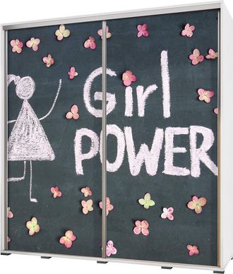 Selsey Girl Power - Kleiderschrank 2-t&uuml;rig mit Schiebet&uuml;ren und Tafelzeichnung 3D-Motiv 205cm (Korpus in Wei&szlig; matt)
