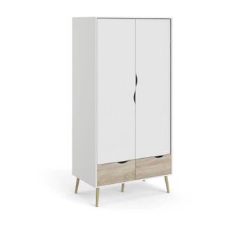 Tvilum Armoire - Blanc / Chene - 2 portes / 2 tiroirs - Pietement évasé en bois massif - Chambre - 98,7 x 58,1 x 200,1 cm