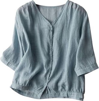 Generic Top Manches Longues Femme Bouton Chemisier Col V Chemisiers en Coton Et Lin Haut D&eacute;contract&eacute; Ample Top Couleur Unie Simple Chemise Confortable Chemisi