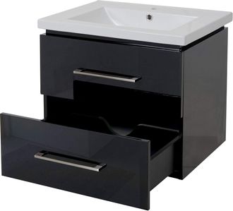 Mendler Premium Waschbecken + Unterschrank HWC-D16, Waschbecken Waschtisch, Hochglanz 60cm - schwarz