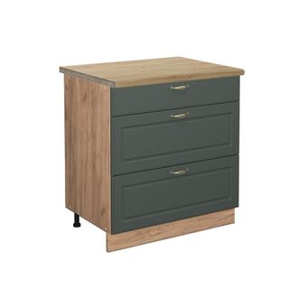 Vicco Küchenunterschrank Fame-Line, Grün-Gold Landhaus/Goldkraft Eiche, 80 cm mit 3 Schubladen, AP Eiche