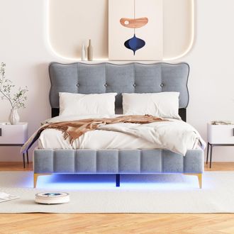 Generic Polsterbett mit LED-Beleuchtung, Jugendbett mit gepolsterter Rückenlehne, Lattenrost, Samtbezug, stabiles Holz-Metall-Gestell, hohe Metallfüße, modern