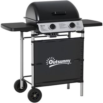 OUTSUNNY Barbecue gaz 2 br&ucirc;leurs 2,8kW avec couvercle - grille, r&eacute;cup&eacute;rateur graisse, 2 tablettes lat&eacute;rales, 2 roues - gris noir