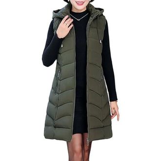 Generic Gilet matelass&eacute; sans manches &agrave; capuche pour femme avec fermeture &eacute;clair et ourlet &agrave; cordon de serrage, vert militaire, XXL