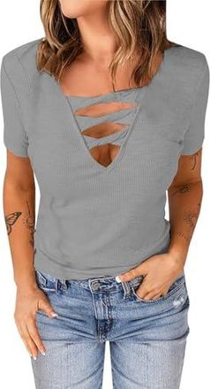 Generic Haut uni à manches courtes pour femme - Facile à porter - Vêtements dété 2025 - Col spécial - Couleur unie - Manches courtes - Tenues pour la vie quot