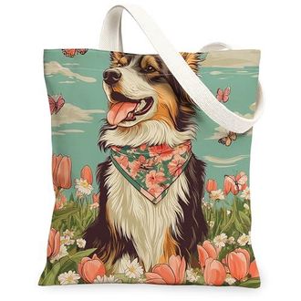 Generic Sac fourre-tout en toile motif chien berger des Shetland printaniers 33 x 38,1 cm, sac &agrave; bandouli&egrave;re r&eacute;utilisable pour femme, peinture pour animaux do