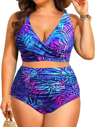 Holipick Zweiteiliger Badeanzug in &Uuml;bergr&ouml;&szlig;e f&uuml;r Damen, hohe Taille, Bikini, Bauchkontrolle, Badeanz&uuml;ge, Twist-Front-Badebekleidung, Blaue Bl&auml;tter, 22 Plus