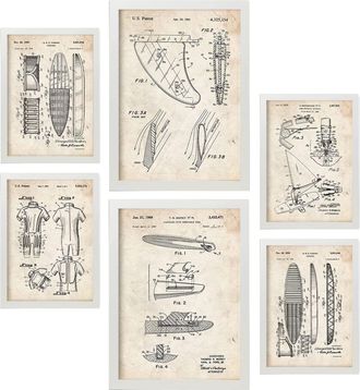 Nacnic Set von 6 Plakaten mit Surfen Patenten. Plakate mit Retro-Patentabbildungen. Inneneinrichtung im Vintage-Stil. Grösse A4 und A3. Mit Rahmen