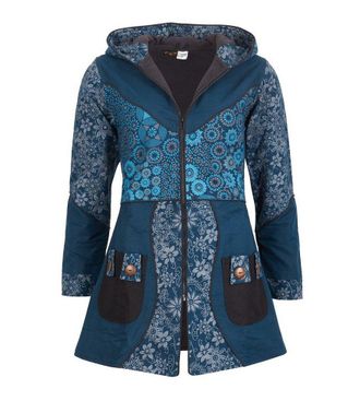 Kunst und Magie Langjacke Kunst und Magie Damenmantel + Kapuze Blumenmuster Jacke Baumwolle Boho