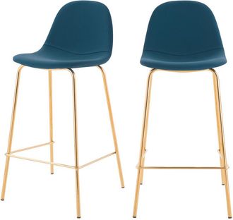Rendez-Vous D&eacute;co Rendez-Vous D&eacute;co - Lot de 2 chaises &icirc;lot central 65 cm en cuir synth&eacute;tique bleu - Dossier ergonomique 26 cm - Pi&egrave;tement m&eacute;tal dor&eacute; - Pour cuisine et