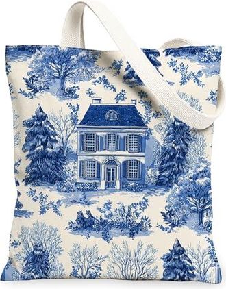 Generic Sacs fourre-tout en toile vintage Blue House - Motif floral rustique - R&eacute;utilisables - L&eacute;gers et lavables - Bandouli&egrave;re, Bleu, 13x15 Inch