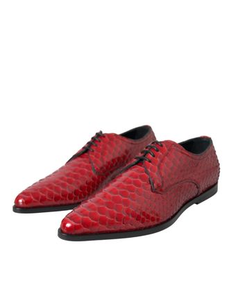 Dolce & Gabbana Red Textured Varnished Derby Men Formal Shoes Python Leather