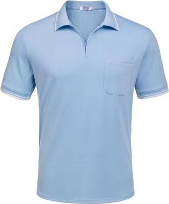 Coofandy Polo Homme avec Poche Poitrine Manches Courtes Col Slim Polo Homme Slim Fit Uni avec Zip Polo pour Homme A-Bleu Clair M