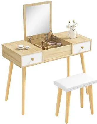 HOMCOM Coiffeuse avec Miroir et Tabouret, Table de Maquillage avec 2 tiroirs et Miroir Rabattable, Coussin rembourré, Bureau Coiffeuse, 100 x 45 x 118 cm, Na