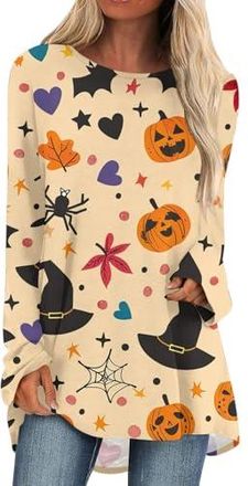 Generic HUIFUAO T-shirts dHalloween pour femme - Citrouille effrayante - Fantôme - Hauts dHalloween pour femmes - Manches longues - Grande taille - T-shirts p