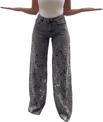 Generic Pantalon en jean pour femme - Jambes larges - Pantalon en denim avec dentelle - Patchwork Baggy Y2K - Taille haute - Pantalon palazzo sexy - Pantalon 