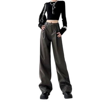 Generic Pantalon droit en PU à jambe large pour femme Pantalon en cuir noir, kaki, XL