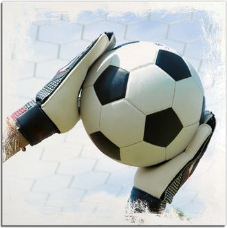 Wallario Wandbild aus Holz Fußball - Torwart im Tor vor blauem Himmel - 40 x 40 cm in Premium-Qualität: Brillante Farben