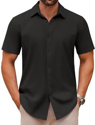 Coofandy Chemise à Manches Courtes pour Homme Coupe Ajustée Casual Été Leger Top Chemise daffaires Décontractées Chemisette Classique Noir L