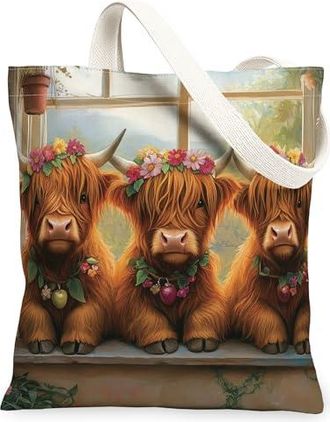Generic Sac fourre-tout en toile de vache des Highlands printani&egrave;res pour faire du shopping, 33 x 38,1 cm, motif animal en pot, sac d&eacute;picerie r&eacute;utilisable pou