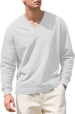 Generic Pull à col rond pour homme - Pull décontracté texturé à col en V - Pull à manches longues - Pull léger à manches longues - Sweat-shirt décontracté, bl