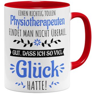 OM3 Physiotherapeut Kaffee-Tasse mit Spruch - Geschenk f&uuml;r Physiotherapeuten Danke Spruch Gl&uuml;ck gehabt - Keramik Becher - 325ml - Beidseitig Bedruckt - Ro
