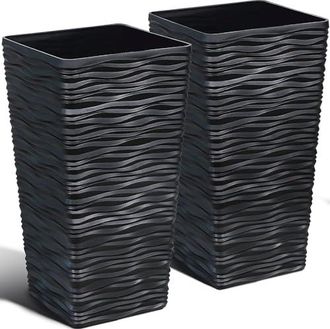 Worth Paris Garten-&Uuml;bertopf, schwarz, hoch, Kunststoff, quadratisch, konisch, f&uuml;r drinnen und drau&szlig;en, 55,9 cm H&ouml;he, Baum-Pflanzgef&auml;&szlig;, modernes gewelltes Finish, 