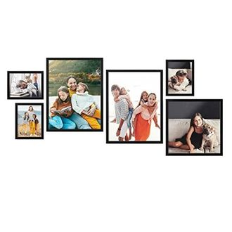 Photolini Cadre bois MDF noir, lot de 6 cadres photo pour posters et affiches No.3, verre acrylique incassable, d&eacute;coration murale &agrave; suspendre, accessoires suppl