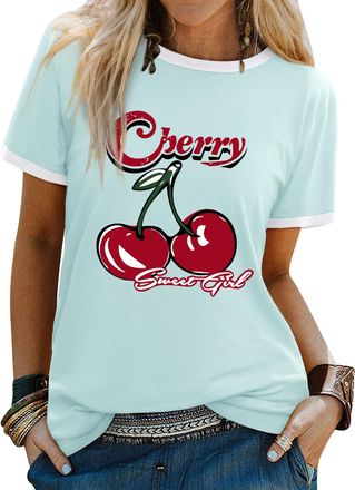 Dresswel Tshirt Damen Sweet Girl Cherry Druck Kurzarm T-Shirt Sommer Oberteile Tops Rundhals Bedruckte L&auml;ssig Tee Shirts