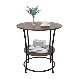 Relaxdays Beistelltisch, 2 Ablagen, HxD: 55 x 55 cm, Holzoptik & Metall, Sofatisch, runder Couchtisch, braun/schwarz