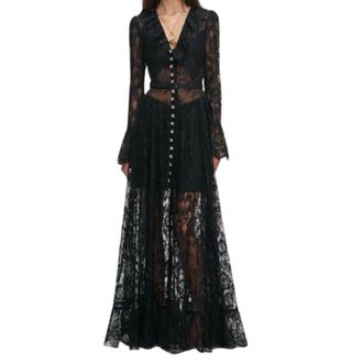 Self Portrait Femme, Robes, Noir, Taille: 42 FR Robe Maxi Boutonn&eacute;e en Dentelle