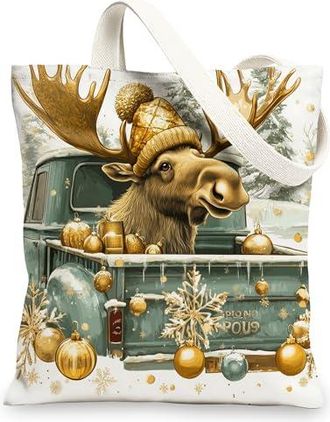 Generic Sac fourre-tout en toile de No&euml;l pour faire du shopping 33 x 38,1 cm, sac d&eacute;picerie r&eacute;utilisable en tissu pour femme, peinture animale, d&eacute;coration cad