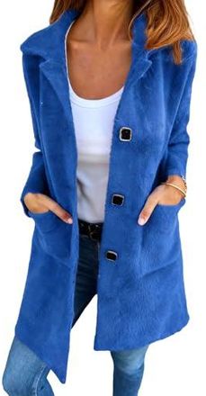 Generic Wool Winter Coats for Women Notch Lapel Double Breasted Wool Blend Mid Long Pea Trench Coat Winter Outwear Blue Large
